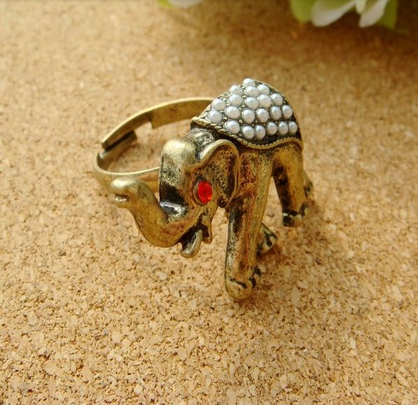 Red Diamond Elephants Pearl Ring,retro Gold Adjustable Ring For Women ...