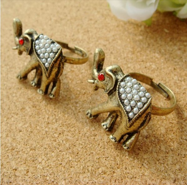 Red Diamond Elephants Pearl Ring,retro Gold Adjustable Ring For Women ...