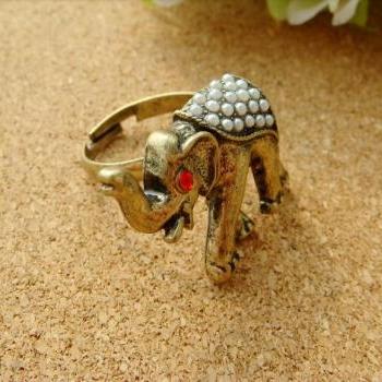 Red Diamond Elephants Pearl Ring,retro Gold Adjustable Ring For Women ...